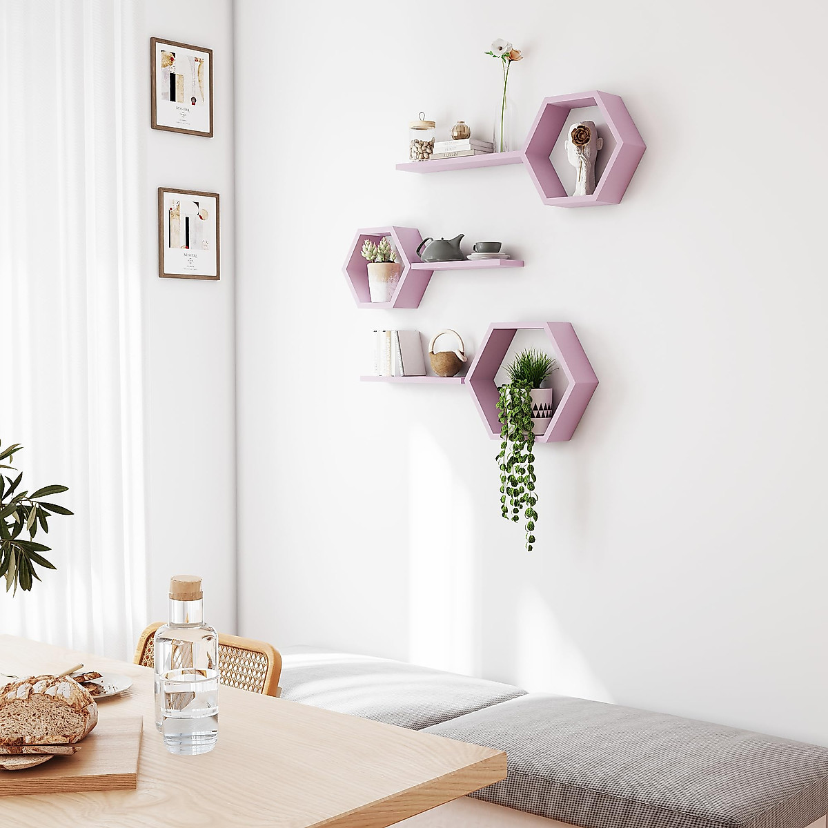 LUDORU Wooden Hexagon Floating Shelves Wall Mounted,Set of 6 Pine Hexagon Shelves Display for Photos,Plants,Rustic Honeycomb Shelves for Living Room,Bedroom,Bathroom, Kitchen, Office Decor, Pink