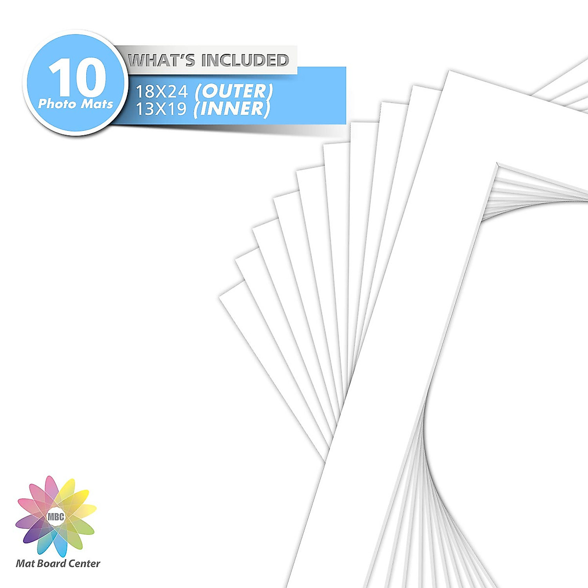 Mat Board Center, Pack of 10, 18x24 for 13x19 White Photo Picture Mats - Acid Free, 4-ply Thickness, White Core - for Pictures, Photos, Framing