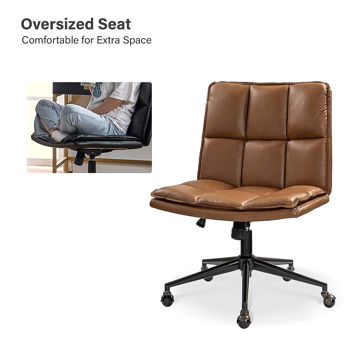 HULALA HOME Modern Faux Leather Home Office Chair with Tilt Lock & Metal Base, Armless Criss Cross Legged Desk Chair with Wheels & Padded Cushion, 360° Swivel Wide Seat Computer Task Chair, Camel