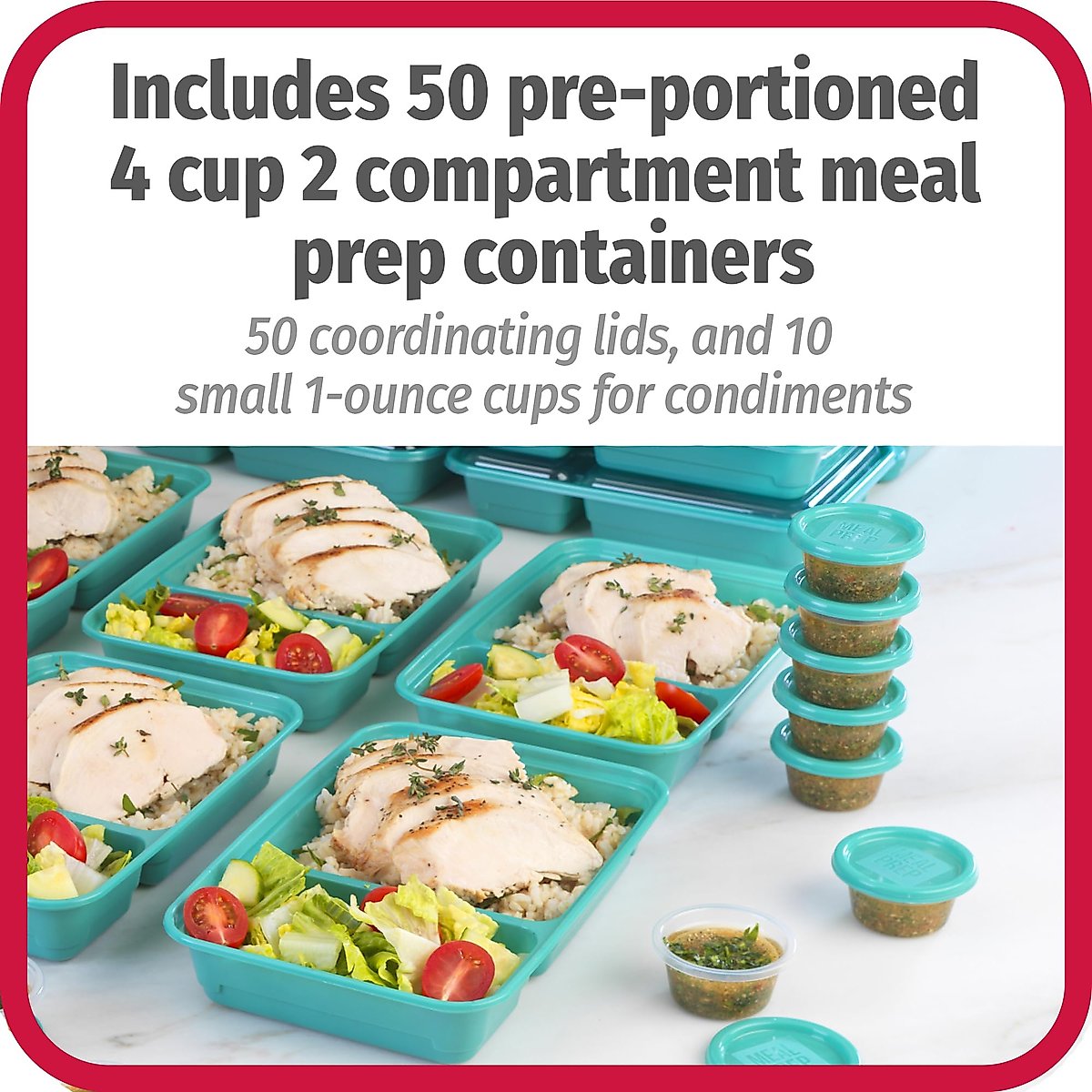 GoodCook Meal Prep 2-Compartment Reusable Food Storage Container Set with 50 Containers, Lids and Condiment Cups, Blue
