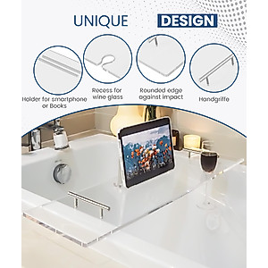 Ezcasch Acrylic Bathtub Tray Bathtub Tray Caddy Bath Tray Table for Tub Luxury Spa with Book and Wine Glass Holder Bathroom Accessories for Decorative Bathtubs, Transparent 31.5inch