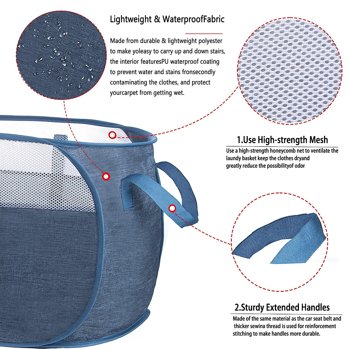 pop-up laundry basket，with Durable Handles collapsible Mesh laundry Hamper,Easy to Open and Fold,Premium Cationic Fabric… (Cationic blue+blue)