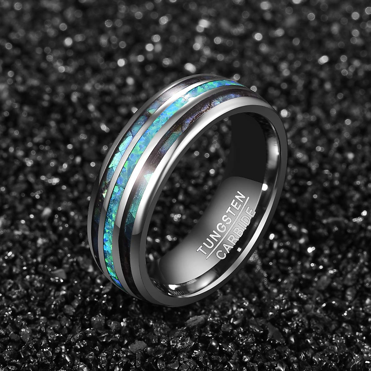 NUNCAD 8mm Tungsten Carbide Wedding Ring Polished Finish Green Opal and Abalone Shell Inlay Comfort Fit Sizw 6.5