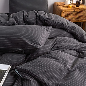 TazmKezm Black Grid 100% Washed Cotton Duvet Cover Set, 3 PCs Breathable Soft Bedding Set Linen Textured. Black White Grid Pattern Duvet Cover King Size (No Comforter)