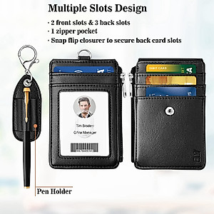 ELV Badge Holder with Zipper and Lanyard, PU Leather ID Badge Card Holder Wallet with 5 Card Slots, RFID Blocking Pocket, Adjustable Detachable Neck Lanyard with Keychain and Pen Holder