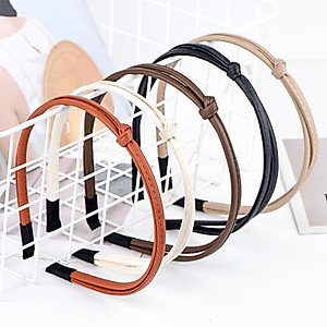 Etercycle Thin Headbands for Women, 5PCS Faux Leather Knotted Headband Non Slip Fashion Hair Styling Accessories, Solid Simple Head Bands for Women's Hair(Black/White/Khaki/Brown/Curry)