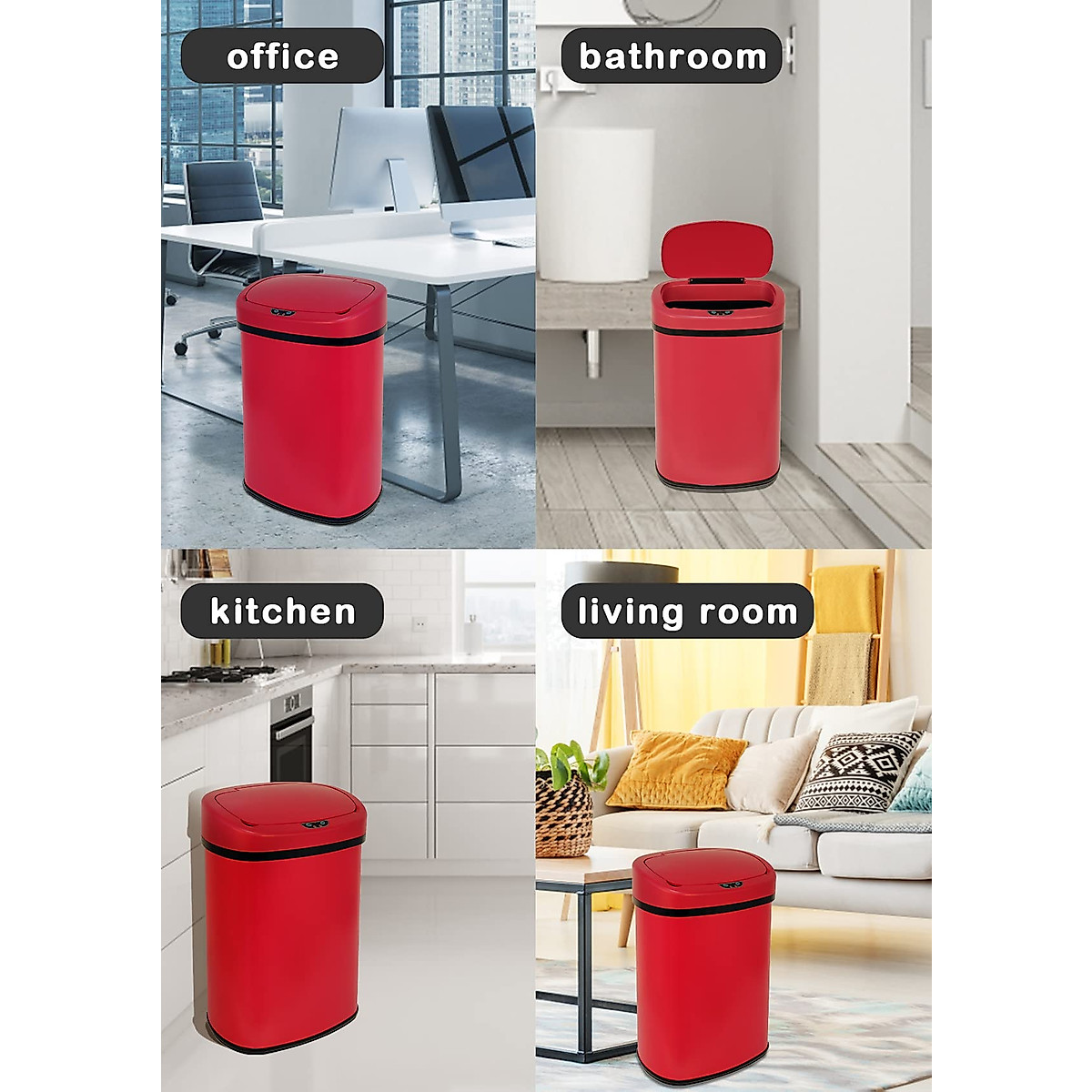 50 Liter Kitchen Trash Can with Lid Garbage Can 13 Gallon Tall Kitchen Automatic Trash Can Motion Sensor Trash Can, Stainless Steel Garbage Can Trash Bin Anti-Fingerprint, Soft-Close Lid (Red)