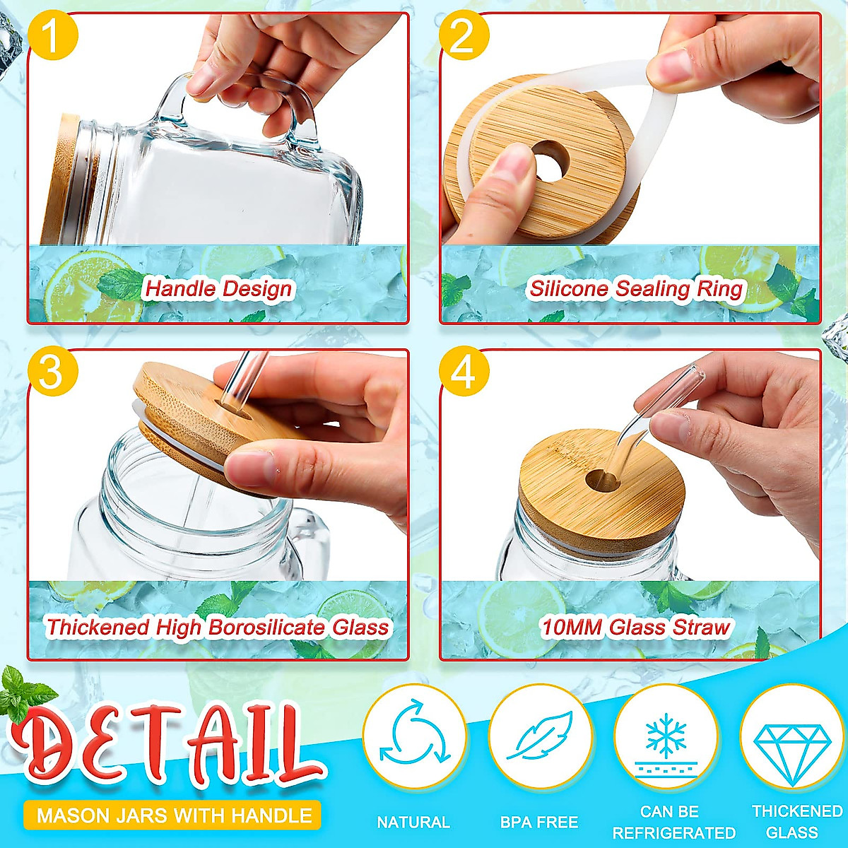 12 Set Mason Jar Cups Mason Jars with Handle Glass Cups with Lids and Straws Reusable Mason Jar Drinking Glasses Wide Mouth Mason Jar Mugs with Cup Cleaning Brush for Iced Coffee Smoothie Tea (16 oz)