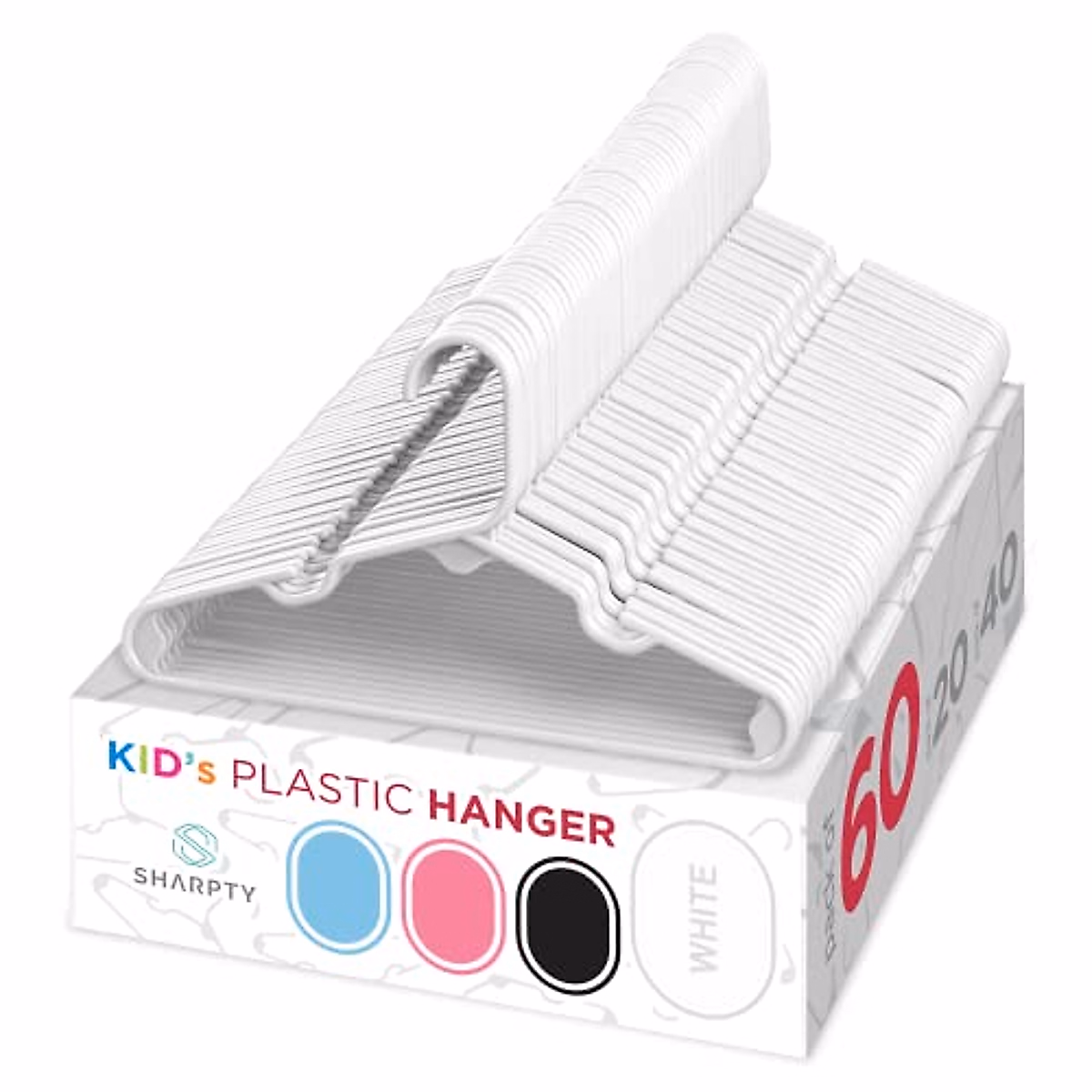 Sharpty Kids Plastic Hangers, Children's Hangers for Baby, Toddler, and Child Clothes - Everyday Standard Use - Ideal for Boys and Girls Closet, Clothing, Pants, Coats, and More - White, 60 Pack