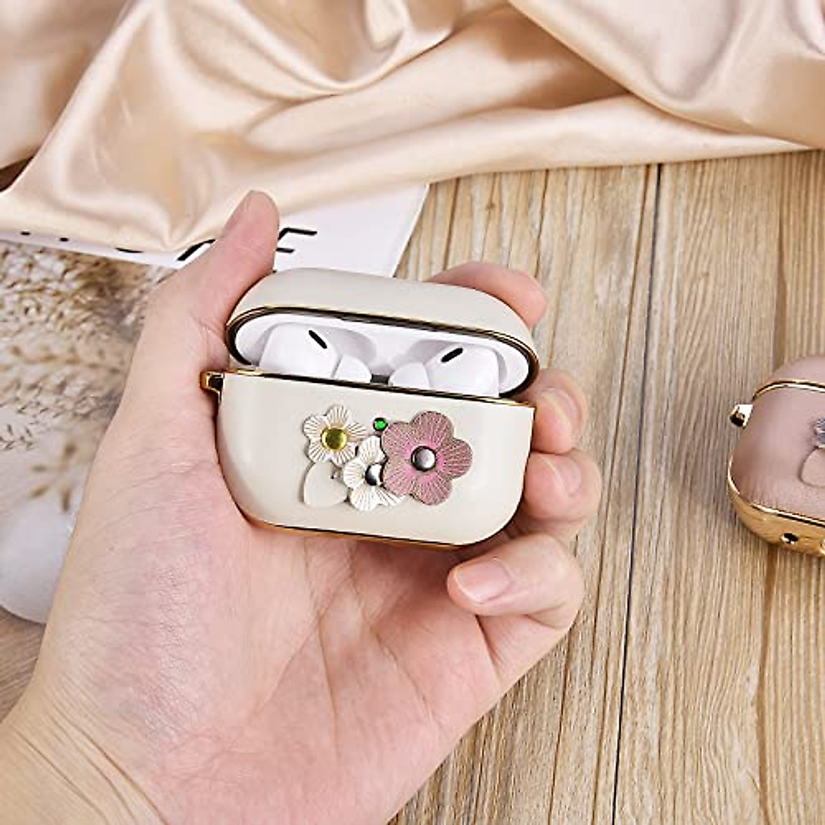 V-MORO for Airpods Pro 2nd Generation Case, Flower AirPod Pro 2 Leather Case Protective Floral Hard iPod Pro 2 Case for Women Men with Keychain for Airpods Pro 2(2022), Rice White