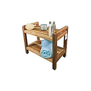 EcoDecors Eleganto Earthy Teak Shower Bench 2-Tier Wooden Seat Spa Shower Stool with Storage Shelf and LtAide Arms,for Indoor and Outdoor- 24 Inches