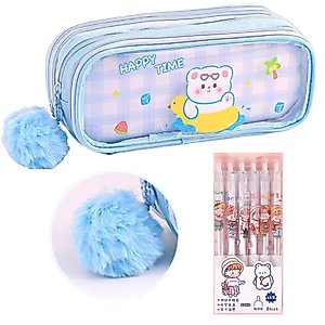 SIORTIO Pencil Pouch Clear 3-Tier Large Capacity Cute Print Animal Easy Clean + 6 Pens & Plush Keychain (Blue)