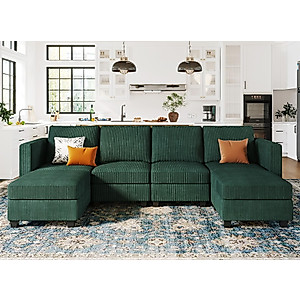 Belffin Modular U Shape Couch with Storage Ottoman Corduroy Sectional Couch with Chaise Convertible Modern Sectional Sofa Couch Dark Green