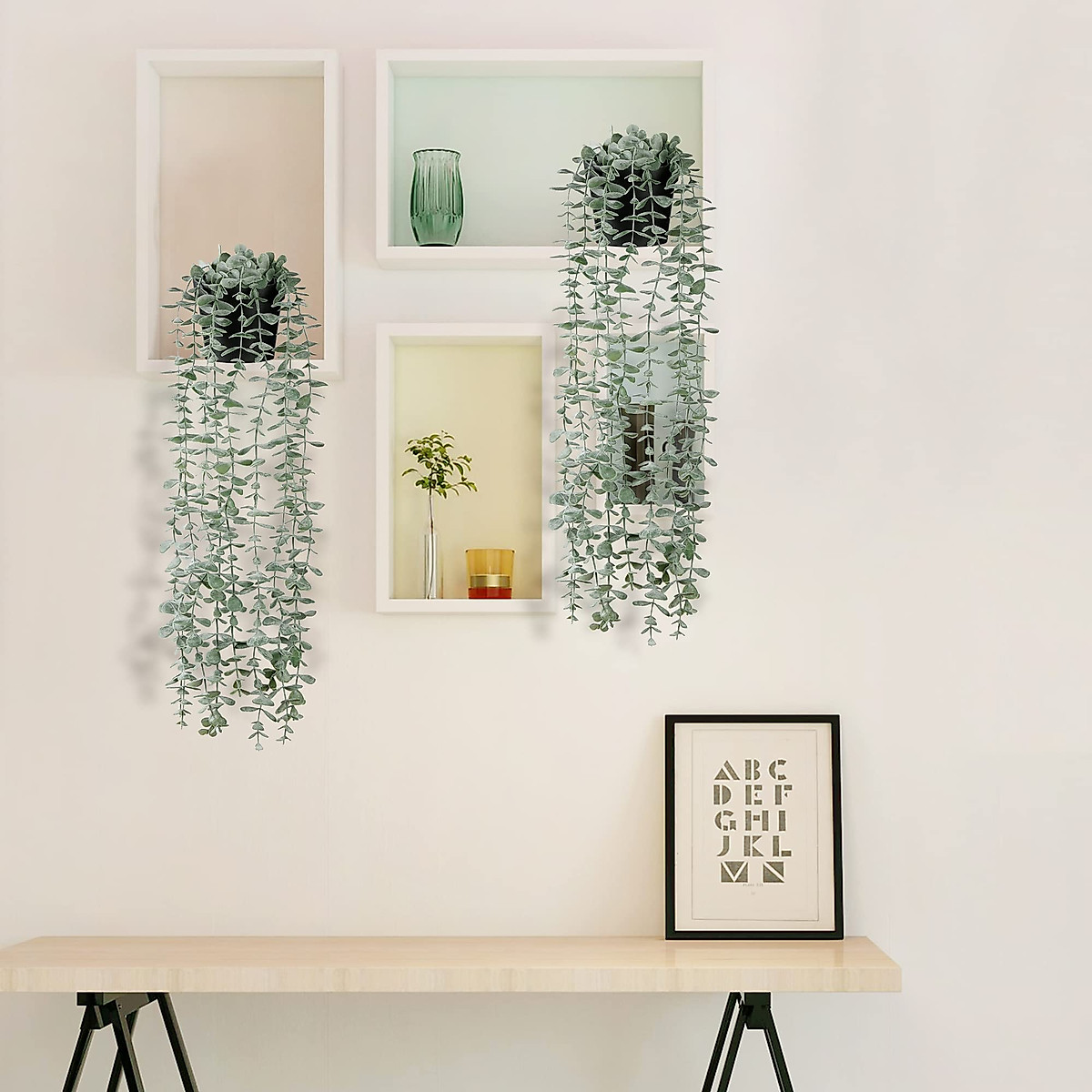 Sggvecsy Artificial Hanging Eucalyptus Plants Fake Hanging Plant 2 Pack Fake Potted Hanging Greenery Potted Hanging Eucalyptus for Home Indoor Outdoor Wall Garden Wedding Decor