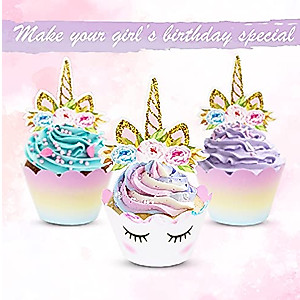 Unicorn Cupcake Toppers and Wrappers Decorations (30 of Each) - Reversible Rainbow Cup Cake Liners with Unicorn Topper | Cute Decorating Supplies for Girl Birthday Party