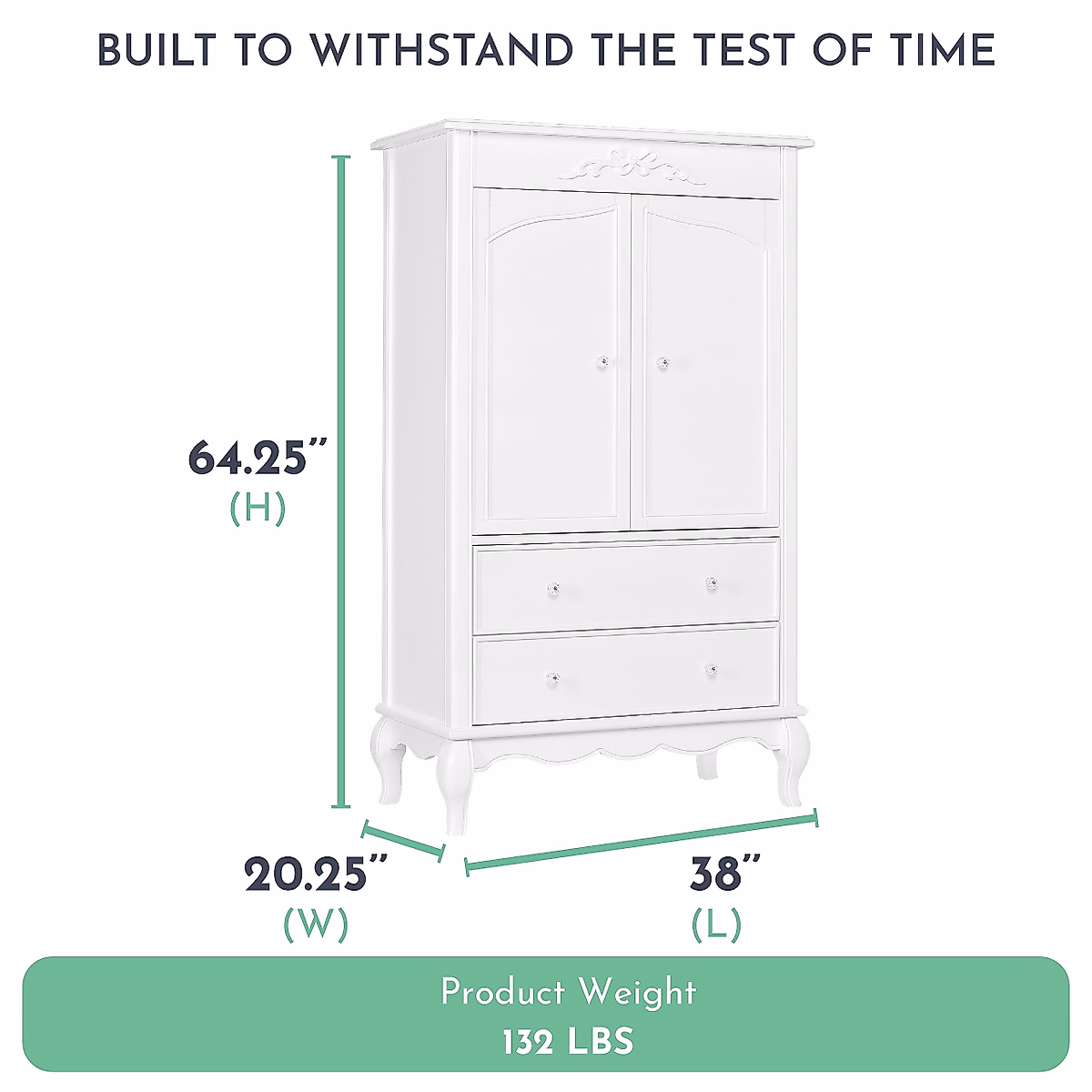 Evolur Aurora Armoire In Frost, Comes Fully assembled, Built Of Kiln-Dried Hardwood, Two Large Shelves, Spacious Storage