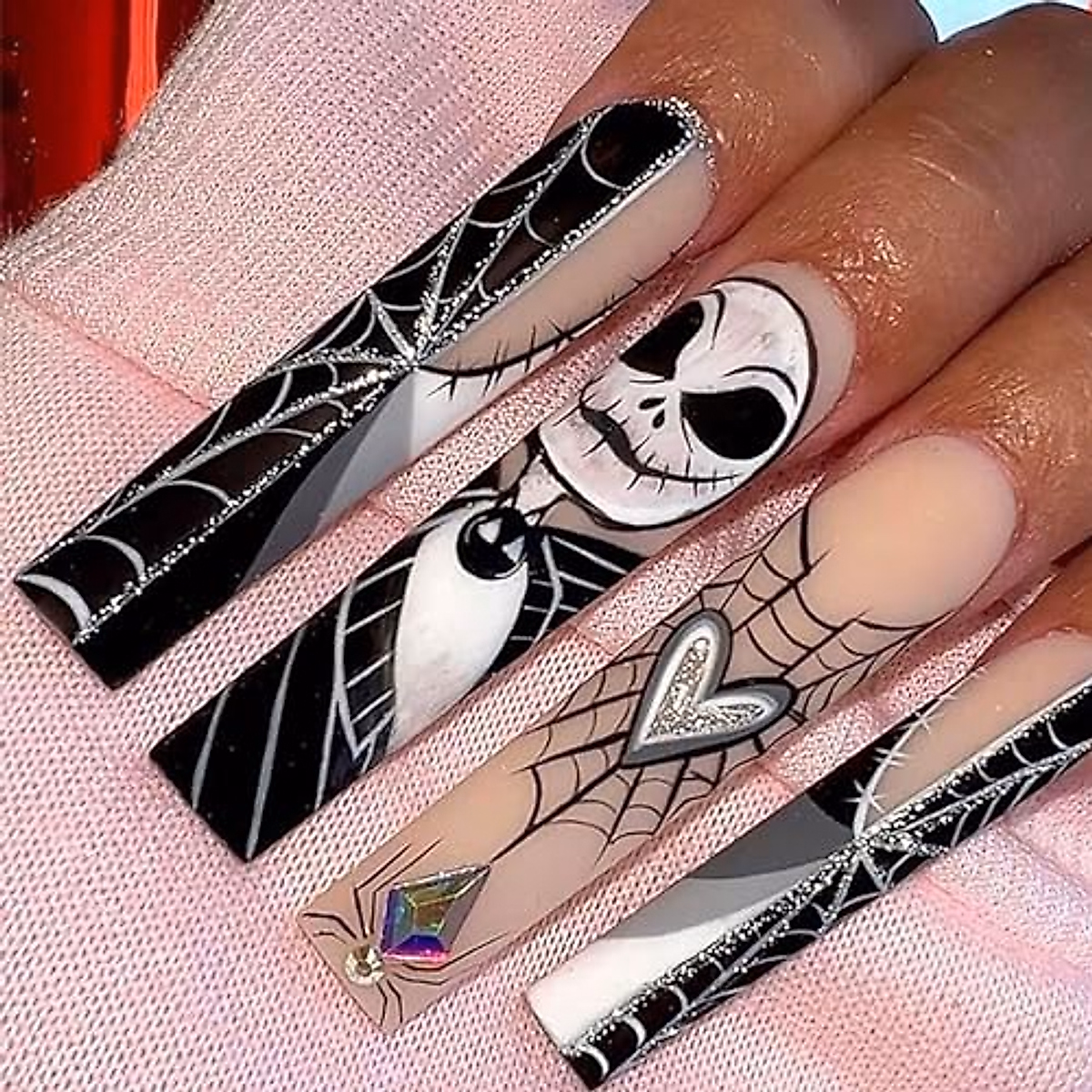 Halloween Press on Nails Long Coffin Fake Nails Full Cover Nightmare Christmas Nails Spider Web False Nails with Designs Rhinestones Matte Glue on Nails Artificial Nails for Women Girls 24Pcs