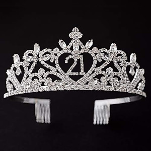Ella Celebration 21st Birthday Tiara 21 Crown for Women Birthday Party Headband Hair Accessories Supplies (Silver Heart)