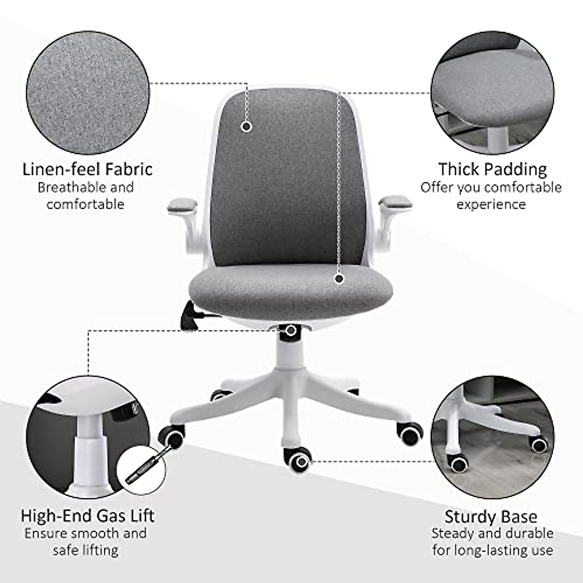 Vinsetto Linen-Touch Fabric Office Chair Swivel Task Chair with Adjustable Lumbar Support, Height and Flip-up Arms, Grey