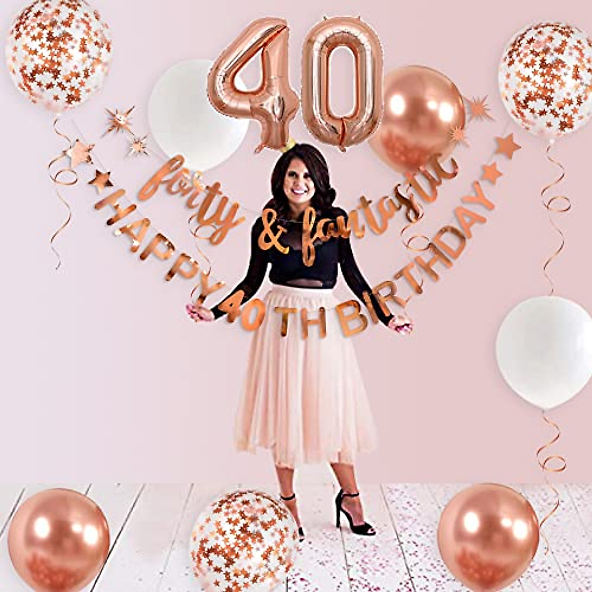 Rose Gold Forty & Fantastic Happy 40th Birthday Banner Garland Foil Balloon 40 for Womens 40th Birthday Decorations Hanging 40 and Fabulous Cheers to 40 Years Old Birthday Party Supplies Backdrop