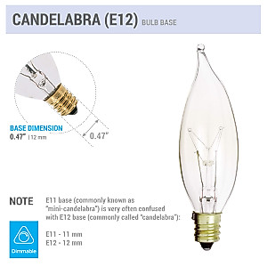 KOR (Pack of 12) 15 Watt Clear Candelabra Base (E12) Flame Tip 120V Decorative Dimmable Chandelier Lights Bulbs