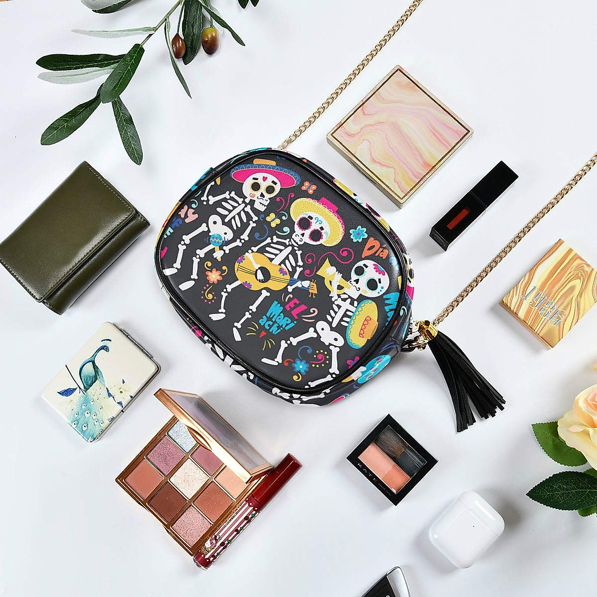 ALAZA PU Leather Small Crossbody Bag Purse Wallet Cute Sugar Skull Day Of The Dead Cell Phone Bags with Adjustable Chain Strap & Multi Pocket