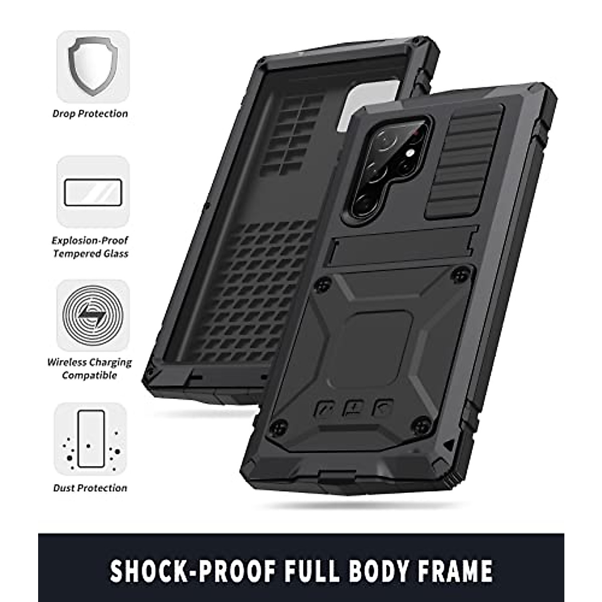 Simicoo Samsung S22 Ultra Metal Case with Screen Protector Camera Protector Military Rugged Heavy Duty Shockproof Case with Stand Full Cover Tough case for Samsung S22 Ultra (S22 Ultra, Black)