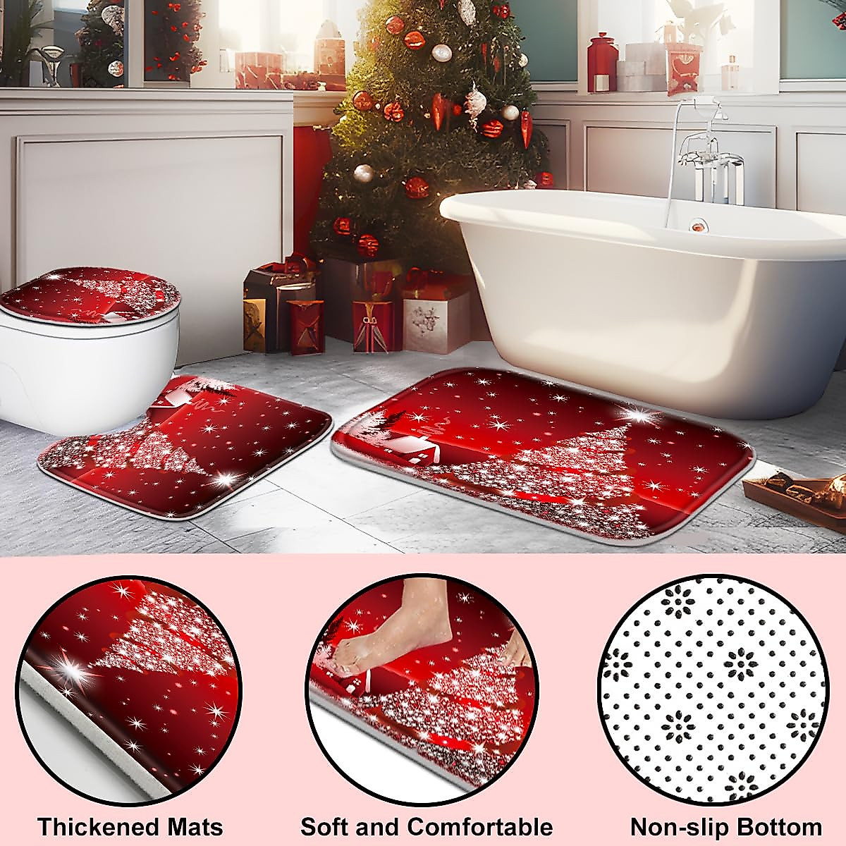 Poedist 4 Pcs Christmas Bathroom Decor Set,Christmas Shower Curtain Sets, Xmas Shower Curtain Sets with Rugs(Bath Mat,U Shape and Toilet Lid Cover Mat) and 12 Hooks,Christmas Tree