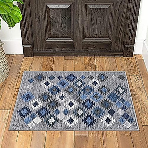 Seavish Small Throw Rugs, 2x3 Grey/Blue Washable Kitchen Rugs Non Slip Low Pile Entryway Rug Soft Faux Wool Floor Carpet Vintage Distressed Accent Rugs for Indoor Front Entrance Bathroom Sink