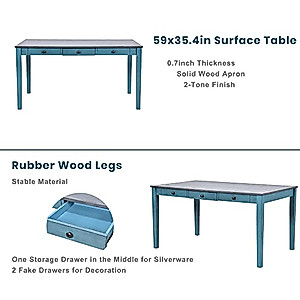 SIYSNKSI Mid-Century 6-Piece Dining Table Set with 4 Upholstered Dining Chairs and Bench, Wood Rectangular Dining Table with Drawer for Kitchen Living Room, Dining Table Set for 6 (Antique Blue)