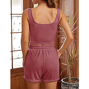 MEROKEETY Women's Summer Ribbed Pajama Set Crop Top and Shorts Sleeveless Lounge Outfits Sets with Pockets Maroon