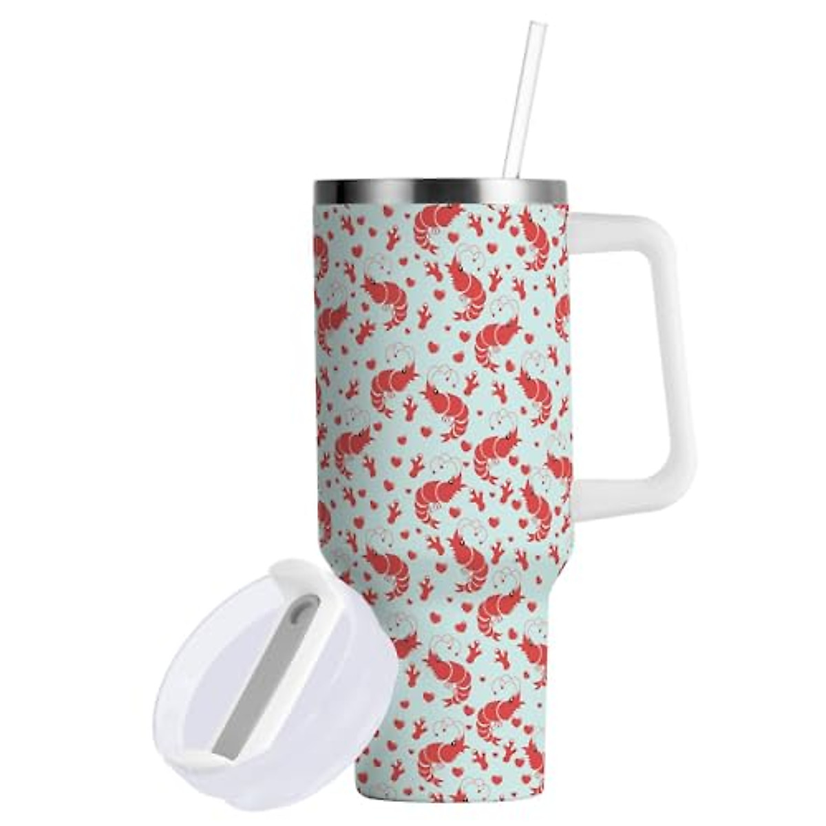 Slewiaeky Tumbler with Handle 40 oz Colored Lobster Shrimp Travel Mug with Lid and Straw Crayfish Stainless Steel Vacuum Insulated Water Bottle Cup for Iced Tea Coffee Cold Beverages Cup Holder Frien