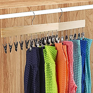 2 Pack Legging Organizer for Closet, Wooden Pants Hangers Leggings Hanger Space Saving with 24 Rubber Coated Clips, Multi Purpose Clothes Storage Organizer for Skirts Shorts Trouser Jeans, Natural