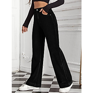 Floerns Women's Hight Waist Corduroy Velvet Slant Pocket Wide Leg Pants Black L