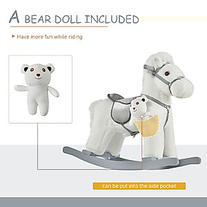 Qaba Kids Plush Ride-On Rocking Horse with Bear Toy, Children Chair with Soft Plush Toy & Fun Realistic Sounds, White