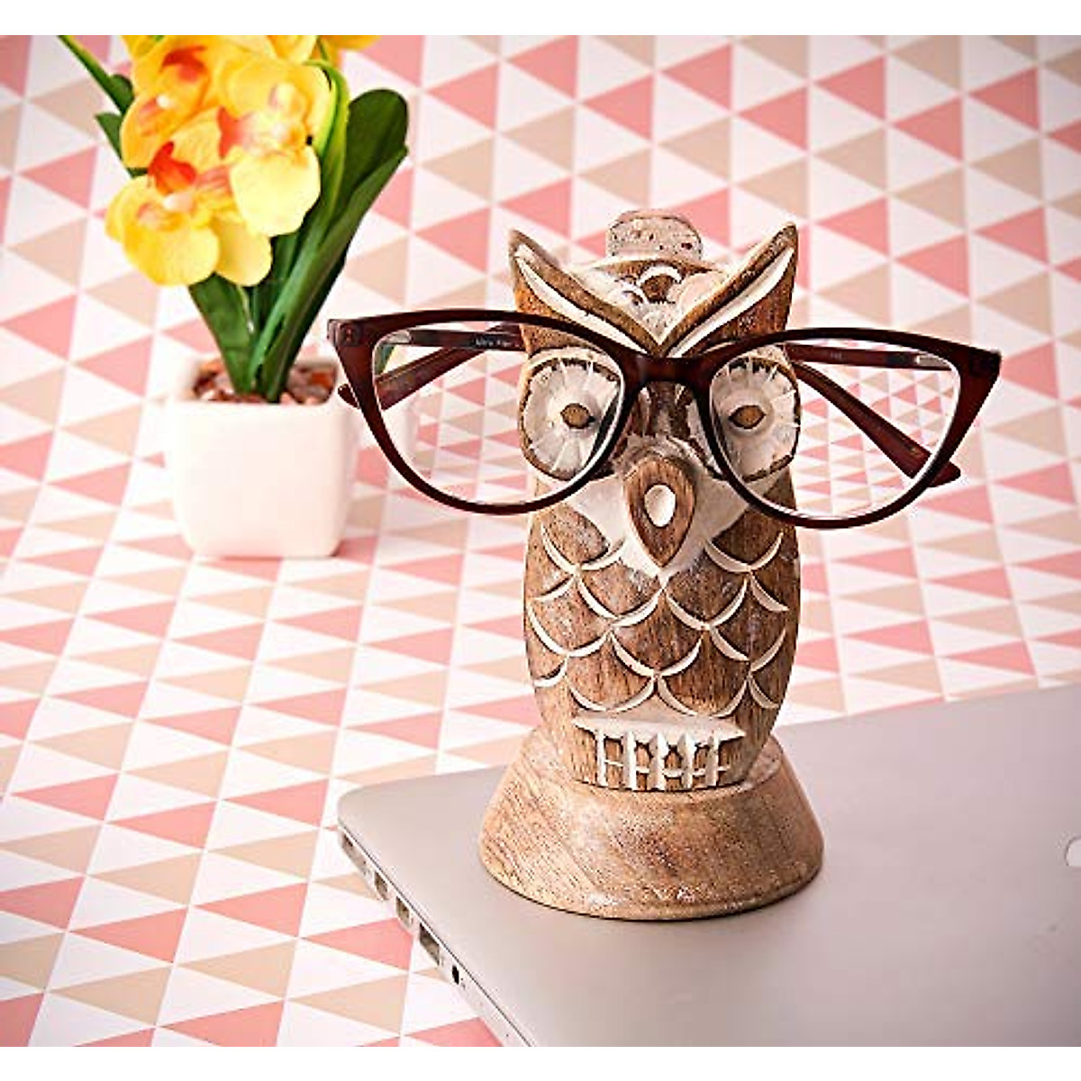 Eximious India White Elephant Gifts for Adults Him Her Wooden Owl Glasses Holder Stand Reading Nightstand Eyeglass Retainer Mom Dad Car SPWW19