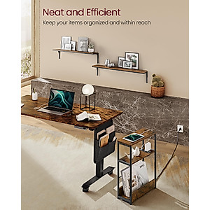 VASAGLE Side Table with Charging Station, Narrow End Table, 3-Tier Nightstand, Sofa Table for Small Spaces, Magazine Rack, for Living Room, Bedroom, Study, Rustic Brown and Ink Black ULET335K01