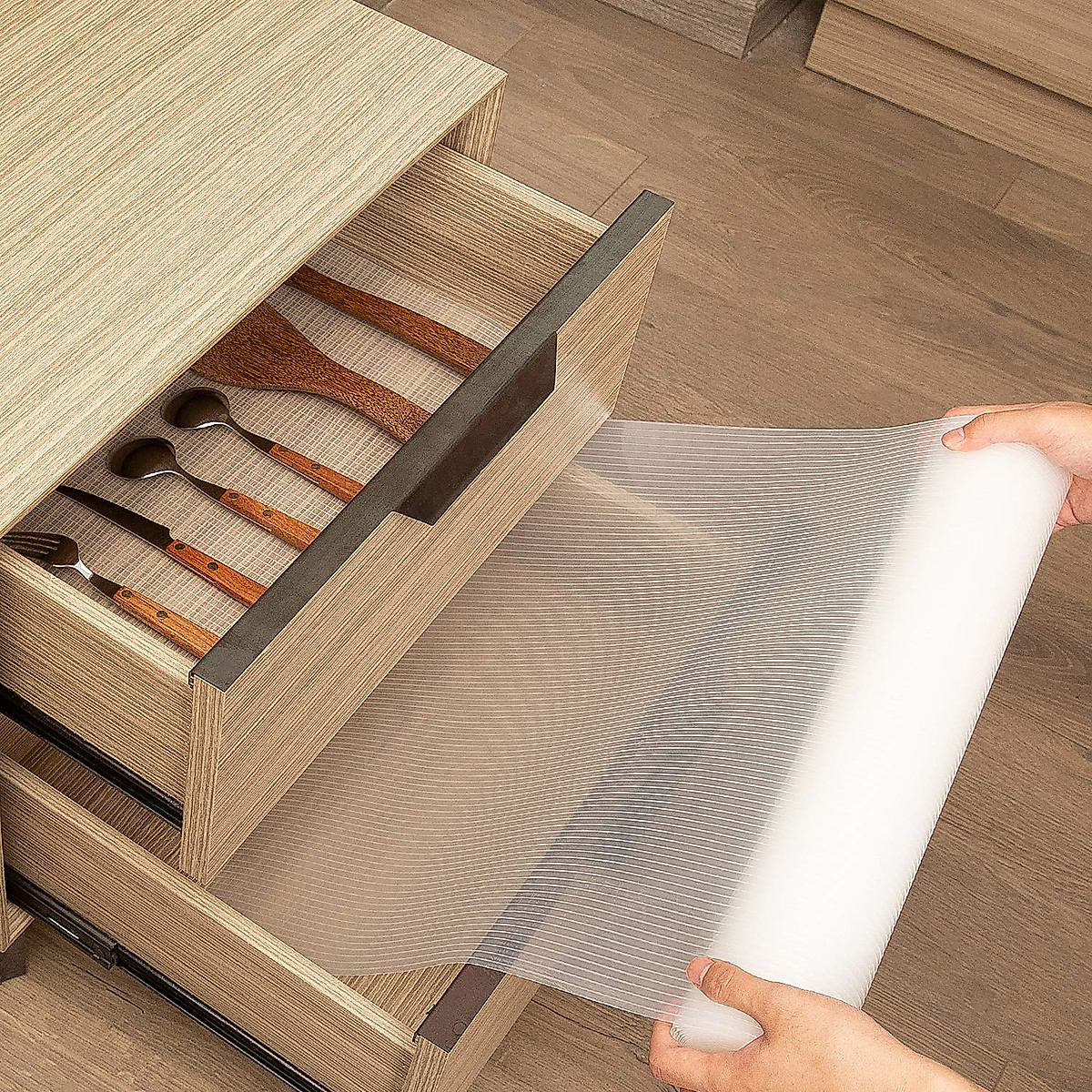 SinhRinh Drawer and Shelf Liner, 17.5IN x 20FT Non Slip Non Adhesive Cabinet Liner for Kitchen and Desk - Clear Ribbed