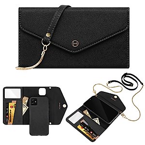 HABITU [Folio Collection 2022 Selene Crossbody Black Wallet Case for iPhone XR/11, Detachable Vegan Leather Magnetic Folio with Card Pockets, Mirror & Strap for Women, for Women