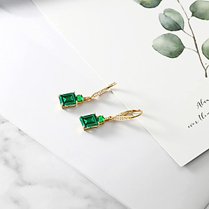 Gem Stone King 18K Yellow Gold Plated Silver Green Nano Emerald Dangle Earrings For Women (4.60 Cttw, Gemstone May Birthstone, Emerald Cut 9X7MM)