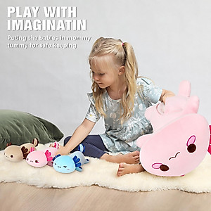 Onsoyours Axolotl Stuffed Animal Mommy 19.7" with 3 Baby Axolotl Plushies in Tummy, 4 Piece of Cute Axolotl Plush Pillow Toys for Kids Girls Boys (Pink Axolotl Family)