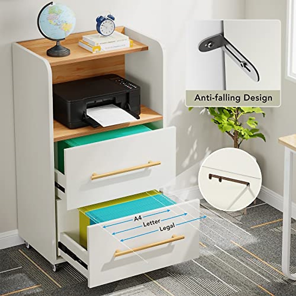 Tribesigns Lateral File Cabinet with 2 Drawers, Modern White Filing Cabinet Wood Rolling Filing Cabinets for Letter/Letter/A4 Size Files, Mobile Printer Stand with Open Shelves for Home Office (43"H)