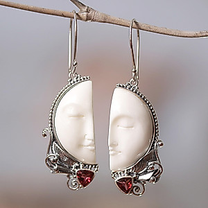 NOVICA Artisan Handmade Bone Dangle Earrings | Garnet Dangle Earrings | .925 Sterling Silver Dangle Earrings | Crystal French Wire Dangle Earrings | Silver Crescent Moon Dangle Earrings | Half of My