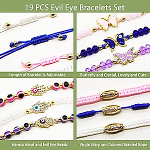 Poranlem Evil Eye Bracelets Pack Mexican Ojo Bracelet Kit Virgin Mary Hamsa sets for Women Teen Girl Crystal Boho Bead Love Butterfly Cross Blue White Pink Purple 19Pcs