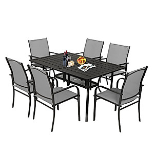 SUNCROWN 7 - Piece Outdoor Dining Set, Patio Furniture Set with 6 x Textilene Dinning Chairs and 1 Steel Slat Metal Bistro Table for Lawn Garden Backyard Deck, Grey