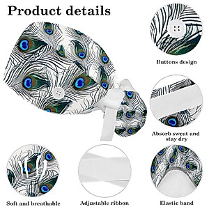 Nurse Scrub Caps,Scrub Hats with Buttons and Cotton Sweatband,Peacock Feather