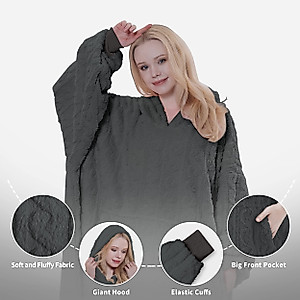 Easy-Going Oversized Wearable Blankets, Cozy and Plush Jacquard Flannel Hoodie Blanket with Front Pocket, Adults, Dark Gray