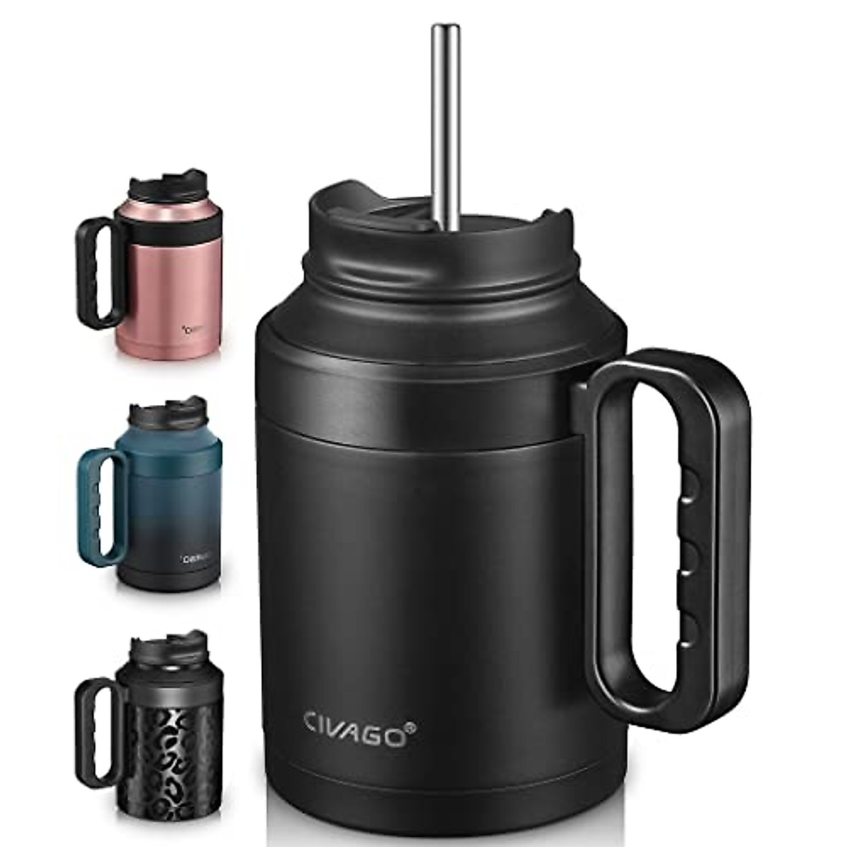 CIVAGO 50 oz Insulated Tumbler Mug with Lid and Straw, Vacuum Travel Coffee Mug with Handle, Double Wall Stainless Steel Water Cup Bottle, Black