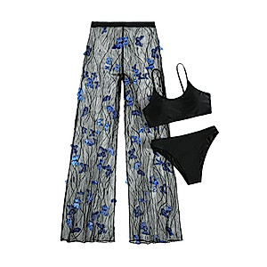 MakeMeChic Women's 3 Piece Swimsuit Full Coverage Bikini Set with Butterfly Cover Up Pants Black Blue M