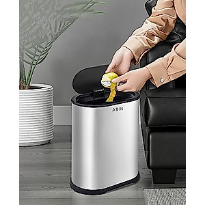 IRISVO Bathroom Trash Can with Press Top Lid, 2.1 Gallon Small Slim Trash Can, Stainless Steel Narrow Garbage Can Wastebasket Trash Can,Removable Liner Bucket Trash Bin for Bathroom,Bedroom(Silver)